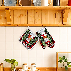 christmas Set of Oven Mitt and Pot Holder Snowman with Xmas Tree Kitchen Oven Gloves and Hot Pads Heat Resistance Non-Slip Surface for BBQ Cooking Baking Grilling Red Buffalo Plaid Check