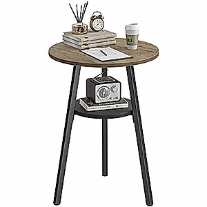 CubiCubi Round End Table, Side Table with Wooden Shelves, 2-Tier Rustic Vintage Table for Living Room Bedroom, Metal Frames and Wooden Boards, Greige