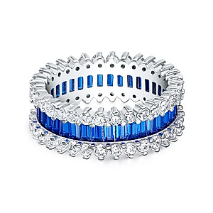 OPOMOMO Eternity Ring Wedding Bands, 18K White Gold Plated Sapphire Cubic Zirconia Rings Baguette Bands for Women Men 10