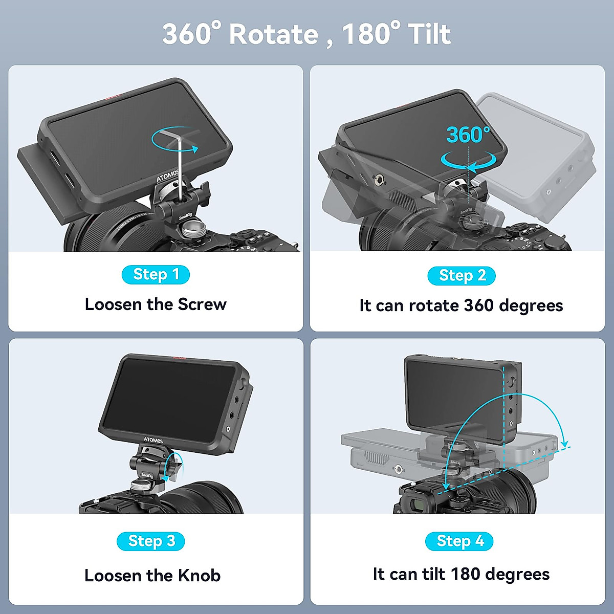 SmallRig Adjustable Camera Monitor Mount for ARRI-Style (Upgrade), 360° Swivel and 180° Tilt Monitor Holder Anti-Twist Support 5” and 7” Field Monitor- 2903B