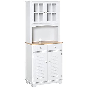 HOMCOM 67" Modern Buffet with Hutch, Louvered Kitchen Pantry Microwave Cabinet with Framed Glass Doors and 2 Drawers, White