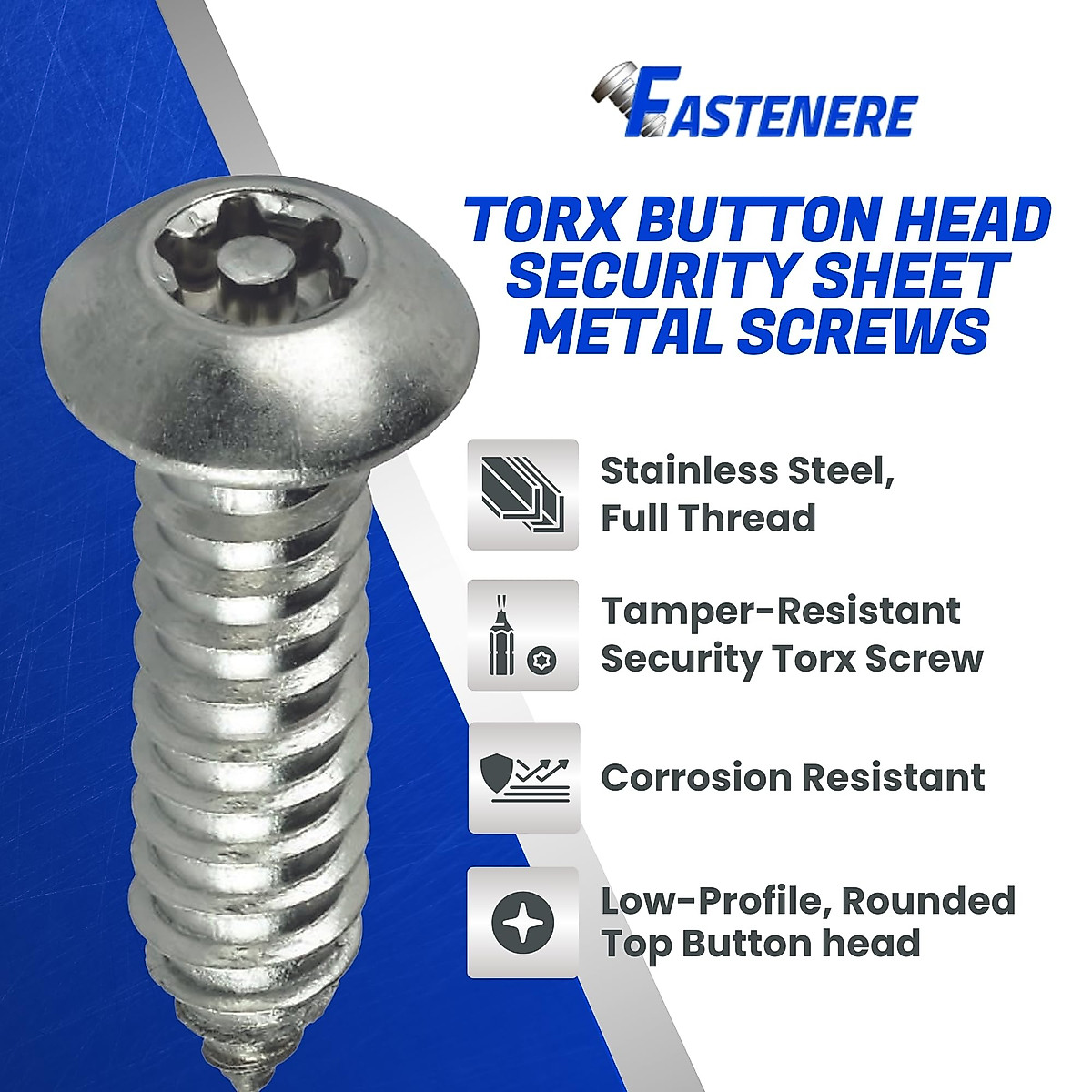 Fastenere Torx Security Sheet Metal Screws - #14 x 3/4" (10-Pack) Button Head, Tamper-Resistant, Anti Theft Stainless Steel Screws for Higher Level of Safety & Secure Fastening Solution