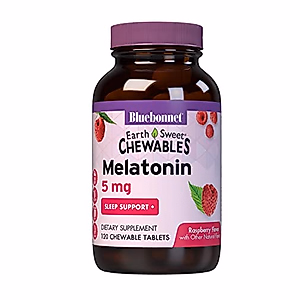 Bluebonnet Nutrition EarthSweet Melatonin 5 mg Fast-Acting Quick Dissolve Nighttime Relaxation & Restful Sleep Support - Sleep Aid - Gluten-Free, Vegan - Raspberry Flavor - 120 Chewable Tablets