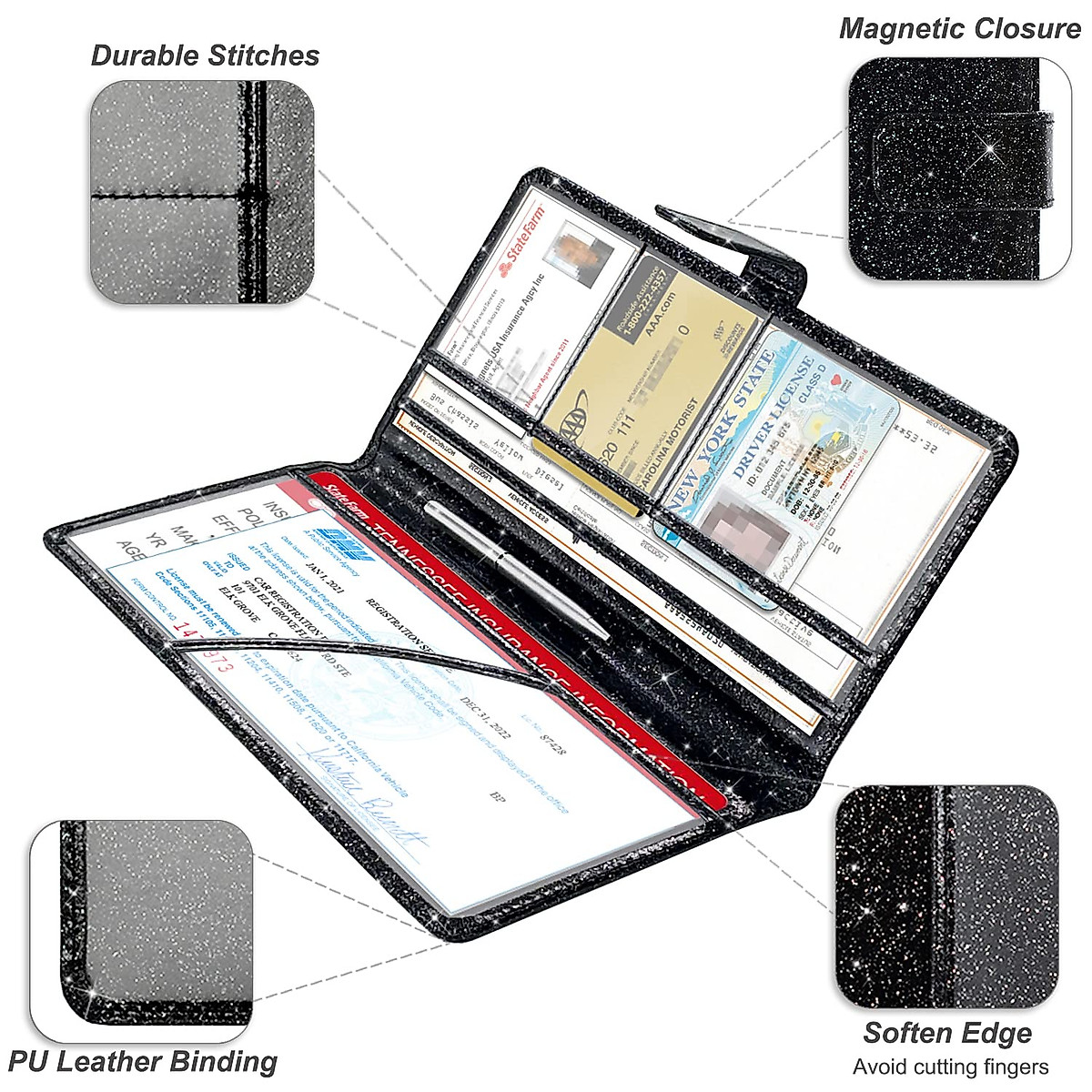 RSAquar unisex Car Registration and Insurance Holder, Vehicle Glove Box Organizer Cool Car Accessories, Car Document Holder for Cards, Driver License and Essential Document, Black Glitter