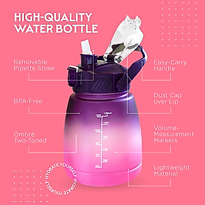 Mayim 32 oz. The Lantern Short Motivational Water Bottle with Removable Straw & Handle, BPA Free Leakproof Fitness Sports Water Jug with Time Marker Reminder, Ombre Two-Tone (Purple to Pink)