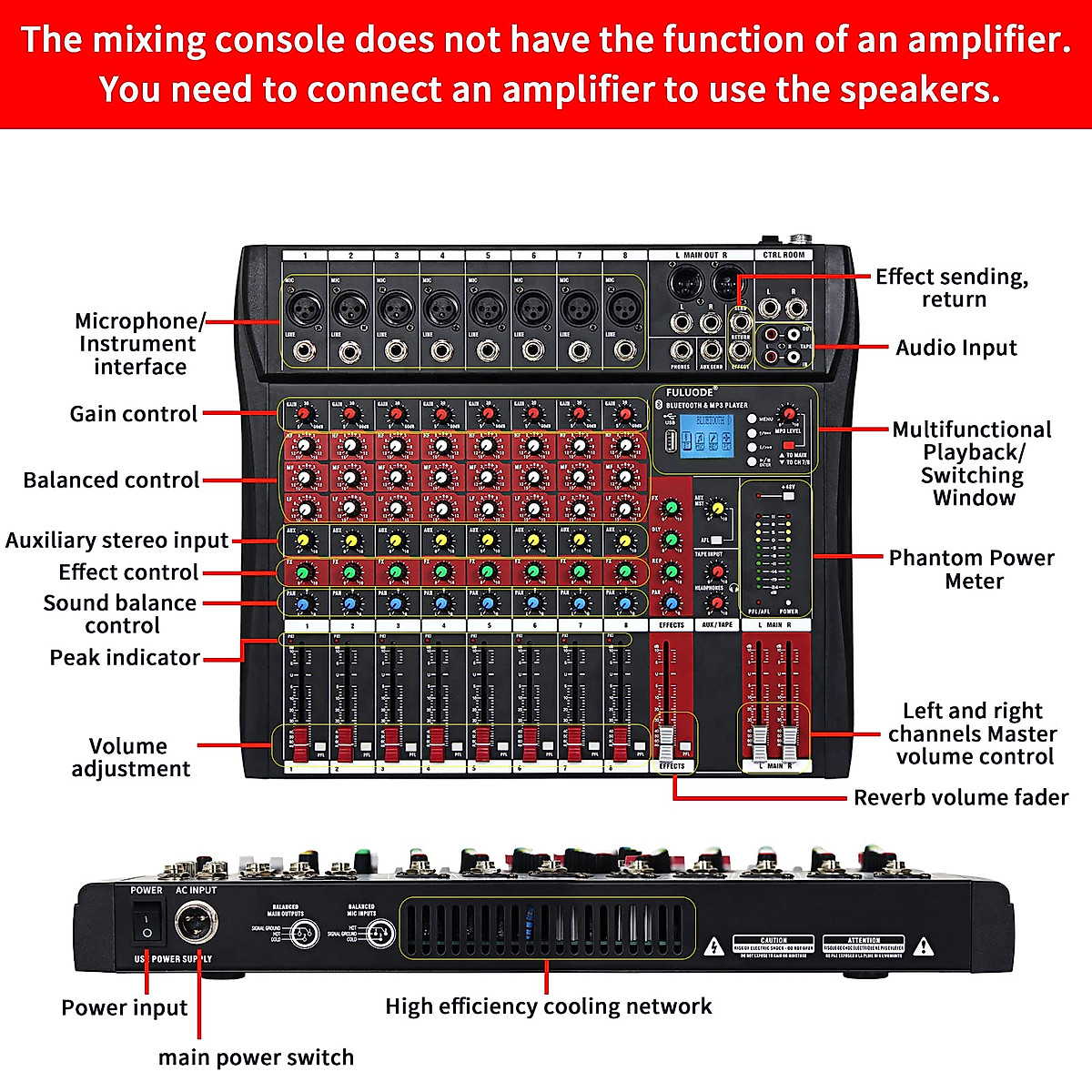 FULODE CT-80S Professional audio mixer 8 Channel with MP3 Player+Bluetooth U disk 48V Phantom Power Source USB recording