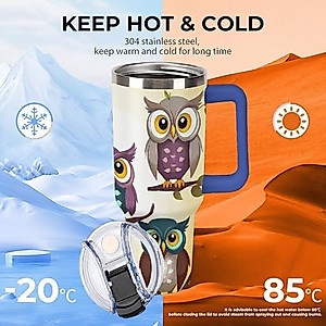 LLUTSNTH 40 Oz Vacuum Tumbler with Deep Blue Handle Leakproof Insulated Tumbler Owls Birds Stainless Steel Travel Mug with Lid And Straw Coffee Cup Cute Water Bottles Cup Holder Friendly
