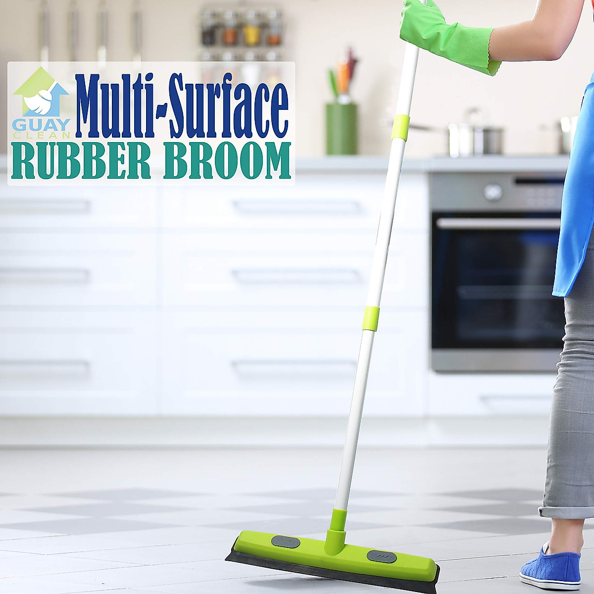 Guay Clean Rubber Push Broom Pet Hair Fur Removal Soft Bristle Sweeper for Carpet and Floor, Squeegee and Grommet for Pads and Towels -Telescopic Pole up to 50 Inches - Green