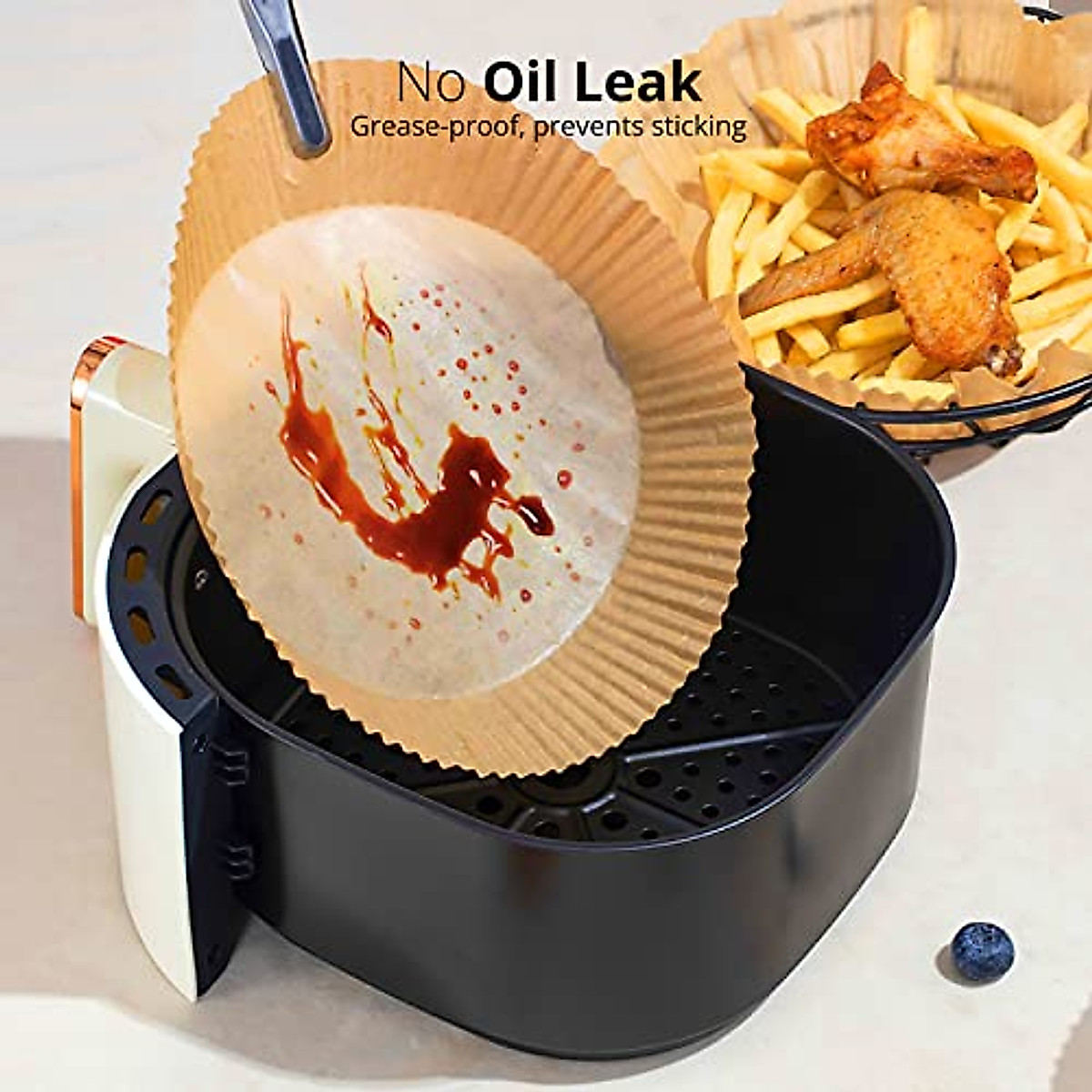 TEMOLA 50PCS Air Fryer Disposable Paper Liner, Non-Stick Air Fryer Paper Liners Round Food Grade Baking Paper, Grease Water Proof Parchment Paper for Air Fryer Cooking Roasting Microwave Frying Pan