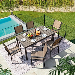Flamaker Patio Dining Set 7 Piece Metal Frame Outdoor Furniture with 6 Textilene Chairs and Rectangular Table Family Kitchen Conversation Set for Backyard, Lawn (Brown)