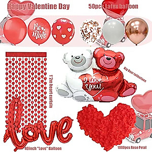 Valentine Day Balloon Decorations Kit, SCMDOTI Valentine Day Balloons Arch Garland with Red Love and Bear Foil balloon,1000pcs Rose Petals for Valentine Day Decorations, Romantic Night, Anniversary