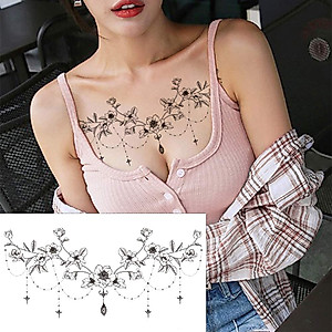 Glaryyears Chest Underboob Temporary Tattoos for Women Adult, 6 Pack Black Fake Realistic Large Long Lasting Creative Removable Tattoo Stickers, Sexy Rose Flower Tramp Stamp Sketch on Body