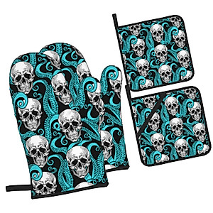 Skull Oven Mitts and Pot Holders 4pcs Sets，Funny Kitchen High Heat Resistant Oven Mitts，with Oven Gloves and Hot Pads Pot Holders for Baking Cooking BBQ Grilling