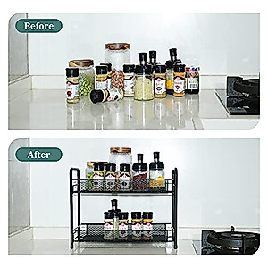 Spice Rack Organizer for Countertop,Xpatee 2-Tier Foldable Metal Rust-Proof Standing Large Seasoning Storage Shelf with Guardrail and Mesh Design for Kitchen Cabinet Bathroom Makeup Living Room Pantry Office, Black