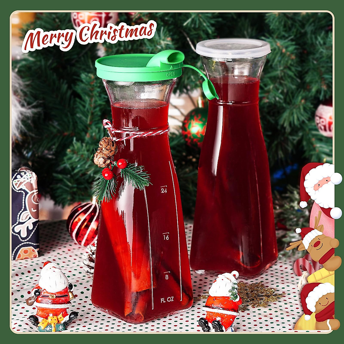 Ritayedet Glass Carafe, 1 Liter Carafe for Mimosa Bar, 4 Pcs, Square Carafe Pitcher with Lid, Drink Dispenser for Parties, Cold Water, Milk, Juice Container, Tea, Wine, Cocktails (6 Lids & 2 Spouts)