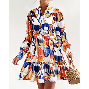 KIRUNDO Women Long Sleeve Dress Button Up Oil Mottled Print Exotic Dresses Casual Loose Elastic Waist A Line Short Dress Party Dress Homecoming Dresses(Blue, Small)