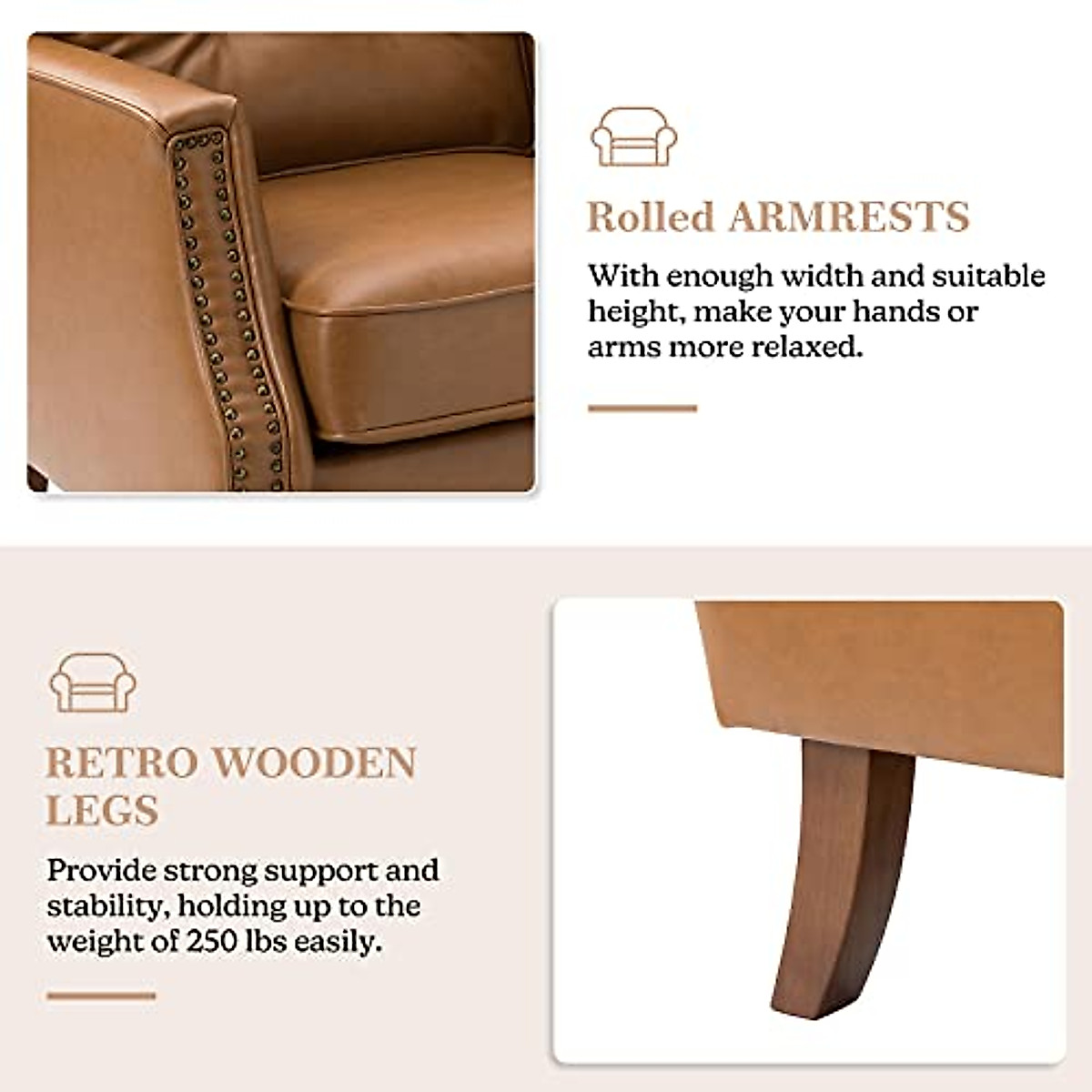 HULALA HOME Faux Leather Accent Chair Set of 2 with Nailhead Trim, Button Tufted Comfy Upholstered Armchair with Removable Cushion, Traditional Single Sofa Chair for Living Room Bedroom Office, Camel