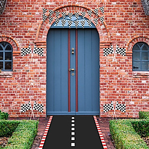 Racing Car Party Decorations Supplies 6.6 x 2 Ft Long Racetrack Floor Running Mat, 6.6 Feet Checkered Racing Pennant Banner, 10 Pcs Checked Race Flags with Stick for Birthday Race Car Party Decors