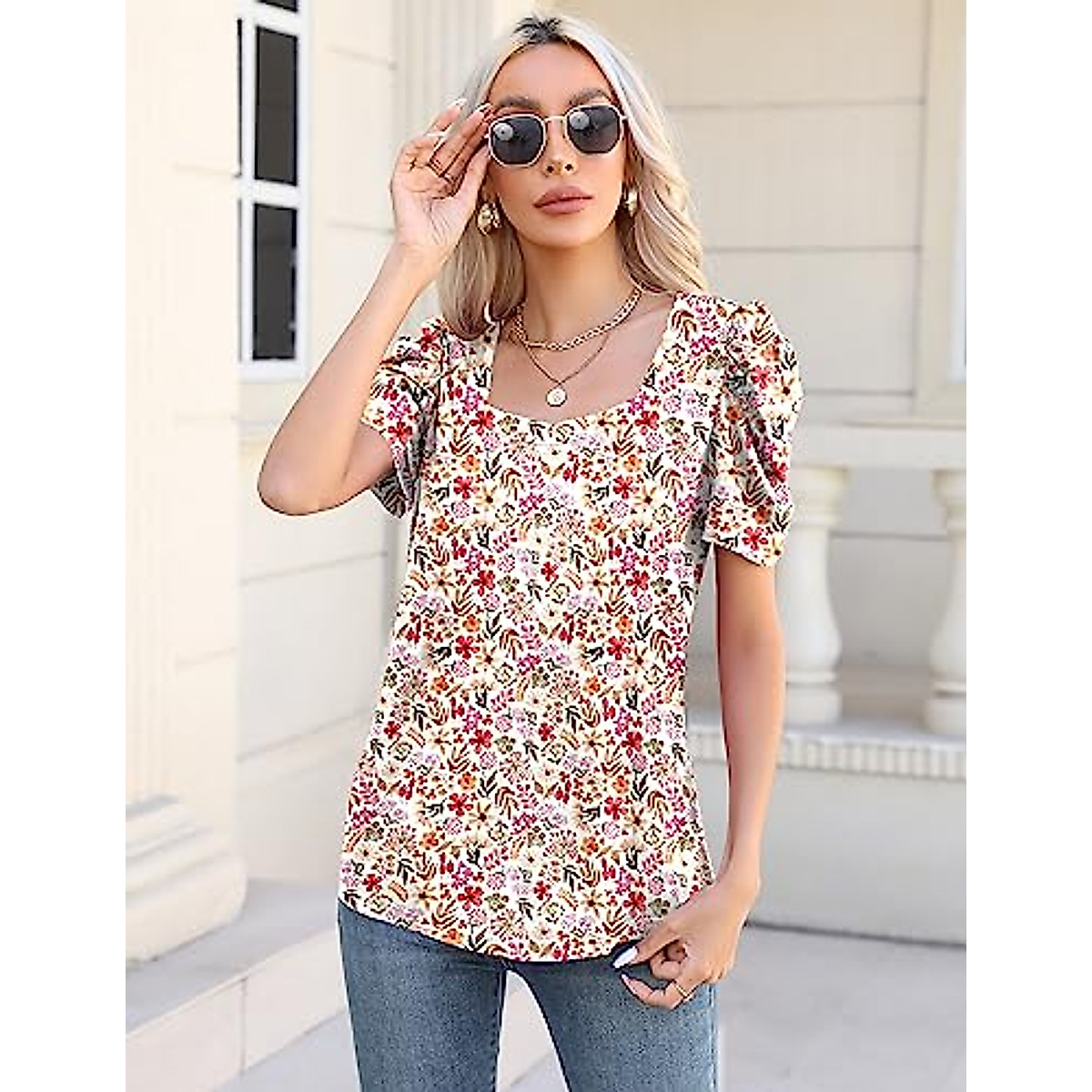 Ladies Romantic Tops Hawaiian Shirts for Women Square Neck Top Fitted Tops for Women Sexy Casual Trendy Short Sleeve Tops White Red Floral L