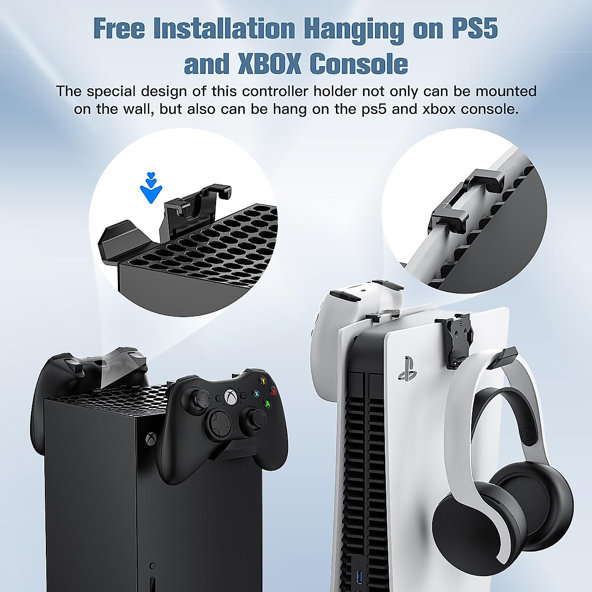 KUNSLUCK 6 Pack Controller Wall Mount for PS5, Xbox, Switch Controller, Wall Mount Stand for Controller&Headset, Adhesive/Screws Installation (Black)