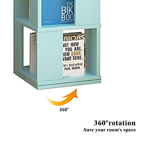 QIHANG-US 6 Tier Wooden Bookcase Corner Tall Book Shelf Modern 360° Rotating Storage Display Rack Floor Standing Shelves with Open Design Shelving Unit for Home Office Living Room Study, Blue