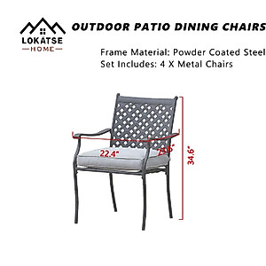 LOKATSE HOME 4 Piece Outdoor Patio Metal Wrought Iron Dining Chair Set with Arms and Seat Cushions - Grey