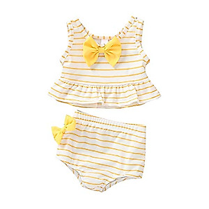 Baby Girl Bikini Striped Beach Swimsuit Ruffles Bathing Suit Adjustable Swimwear 2 Pcs Set (0-6 Months, B Yellow)