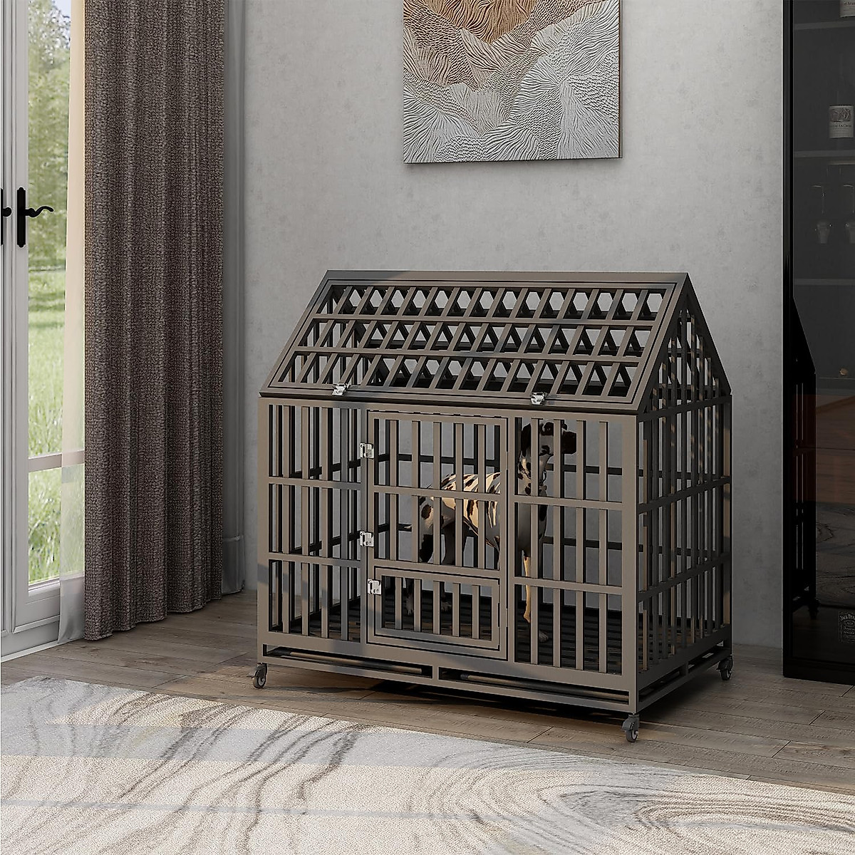 Afqxf Large Dog Crate Cage, 47'' Heavy Duty Galvanized Iron Dogs Cage Kennels Crates Furniture with Front Door, Top Door and 4 Lockable Wheels, Perfect for Patio, Home, Backyard, Black