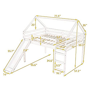 HYC Full Size Loft Bed with Slide, Wood Loft Bed Full with Playhouse Design, Kids House Loft Bed Frame for Boys Girls,White
