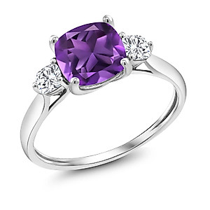 Gem Stone King 1.66 Cttw 10K White Gold Purple Amethyst and White Moissanite 3-Stone Engagement Ring | 3 Stone Wedding Anniversary Promise Ring For Women | Size 5,6,7,8,9