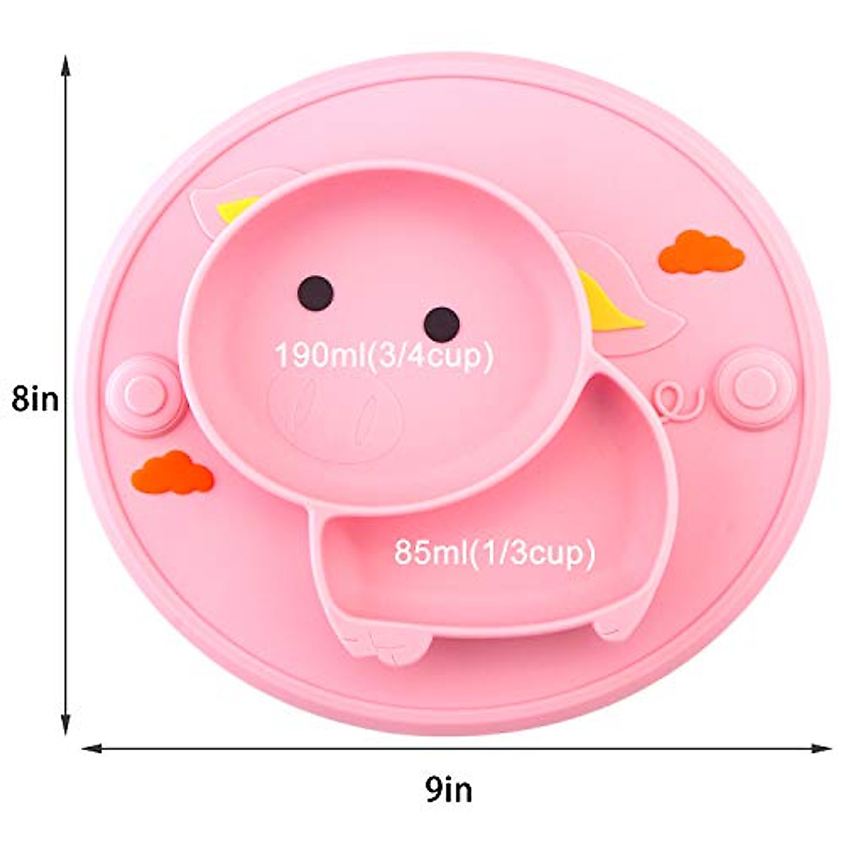 Qshare Toddler Plates, One-Piece Baby Plate for Toddlers and Kids, BPA-Free Strong Suction Plates for Toddlers, Dishwasher and Microwave Safe Silicone Placemat (PigPink/DuckCyan)