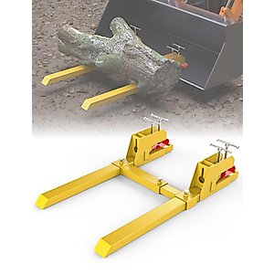 43" Clamp on Pallet Forks with Anti-Slip Tongue 2000LBS Yellow, Twin Screw Design, Adjustable Stabilizer Bar, Heavy Duty Pallet Forks for Tractor Bucket Loader