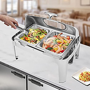 Food Warmer Roll Top Chafing Dish Buffet Set Stainless Steel Warmers Double Compartment Thermal Pot Electric Hot Plate/Alcohol Stove Heating for Buffet Banquet Catering Party (9L) (Glass Window)