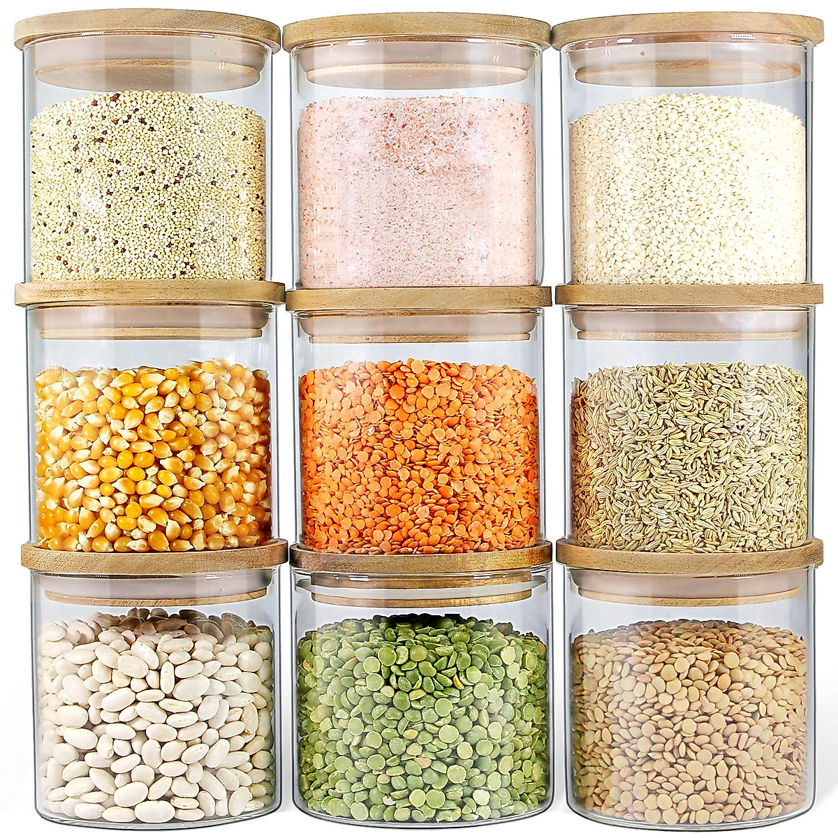 Urban Green Glass Jars with Airtight Lids, Airtight Glass Canisters with Wood Lids, Glass Food Storage Containers with Lids, Glass Food Jars for Spice and Herbs (9 Pack of 16oz)