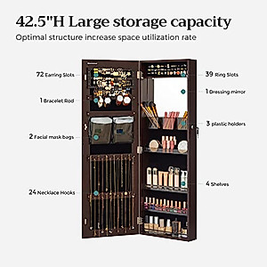 SONGMICS Jewelry Cabinet Armoire with Mirror, Wall or Door Mount Storage Organizer with Full-Length Frameless Mirror, Lockable Cabinet with Built-in Small Mirror, Shelves, Gift Idea, Brown UJJC003K01