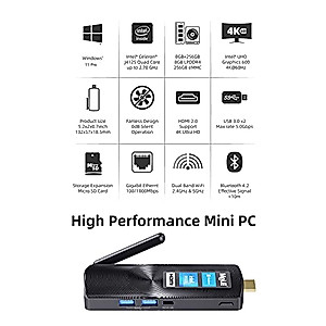 MeLE PCG02 Fanless Mini PC Stick Desktop,J4125 8GB 256GB Windows 11 Pro 4K HDMI Portable Small Computer, Support Win10 pro PXE Unlocked Bios Gigabit Ethernet, Work on Media Industry IoT Office