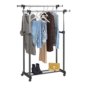 ClosetMaid Double Rail Portable Rolling Garment Rack with Shoe Shelf, Adjustable Rod Width and Height, Black/Chrome