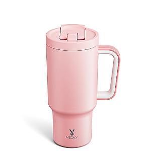 Meoky 32 oz Tumbler with Handle and Flip Straw, 100% Leakproof Tumbler with Lid and Straw, Stainless Steel Insulated Cup, Cupholder Friendly, Keeps Cold for 24 Hours (Blush)