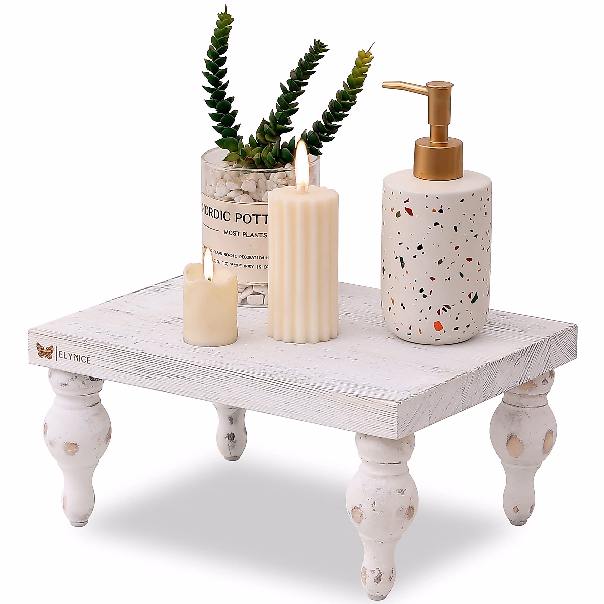 Elynice Wood Tray - 12 x 9 x 5.5in Farmhouse Decor Display Stand, Kitchen Counter Tray, Rustic Coffee Bar Decor (Linen White, 220lb Capacity, 2.61lbs)