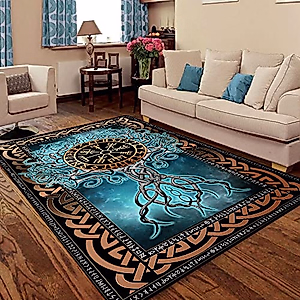 Living Room Rug - 5' x 8' Rug - Viking Gifts for Men - Bedroom Dinning Room Rug - Tree of Life Norse Decor Vikings Blue Area Rug - Rug for Bedroom Aesthetic