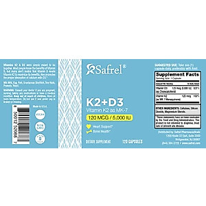 Safrel Vitamin K2 (MK7) 120 MCG and D3 5000 IU Supplement per Capsule, Supports Calcium Absorption for Bone, Immune and Heart Health, Easy to Swallow K2 and D3, Non-GMO, 120 Count
