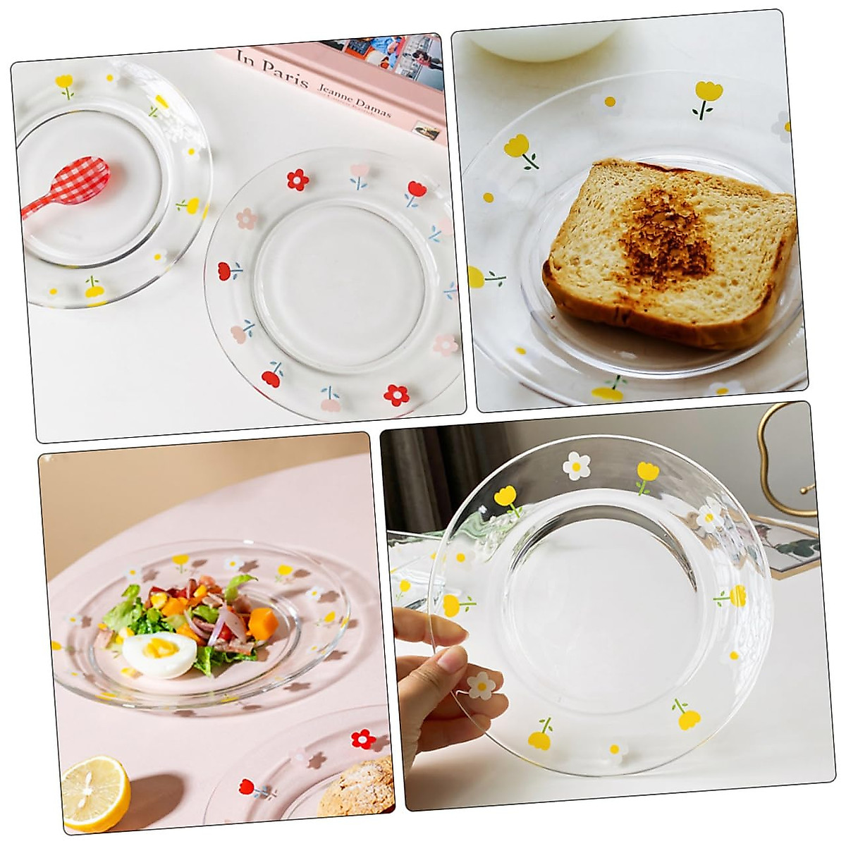 NOLITOY 4 Pcs Tulip Flower Glass Plate Glass Dessert Plate Transparent Salad Plate Food Serving Plate Kitchen Salad Plate Glass Salad Plate Fruits Plate Household Tableware