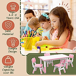 Qaba Kids Table and Chair Set with 4 Chairs, Adjustable Height, Easy to Clean Table Surface, for 1.5-5 Years Old, Pink