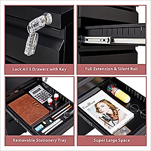 GREATMEET Filling Cabinet with 3 Drawers, Office Mobile Filing Cabinet with Wheels and Lock for Legal/Letter Size,Small File Cabinet for Under Deskt,Fully Assembled (Black)