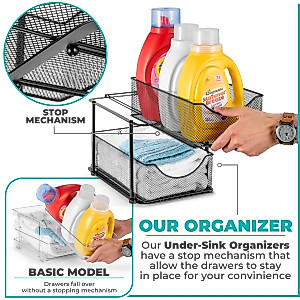 Sorbus 2 Tier Under the Sink Organizer Baskets with Mesh Sliding Drawers —Ideal for Cabinet, Countertop, Pantry, and Desktop, for Bathroom, Kitchen, Office, etc.—Made of Steel (Black)