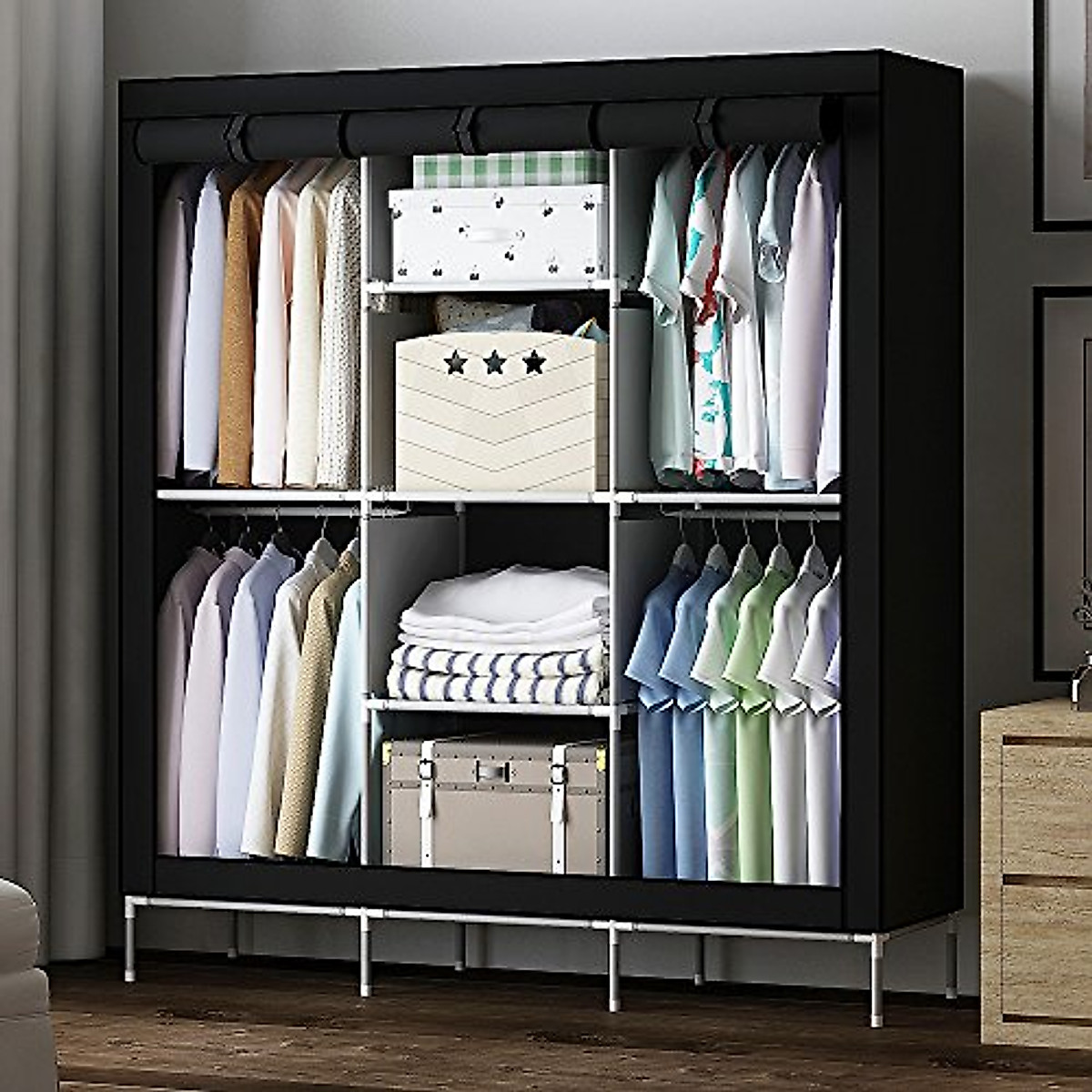 OUMYJIA 69 inches Non-Woven Fabric Wardrobe Portable Clothes Closet Storage Organizer, 51 x 17.5 x 69 inches, Black