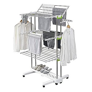 GAENZA Multifunctional Clothes Drying Rack Mobile Landing Folding Stainless Steel Double Pole Lifting Drying Rack Drying Rack Storage Indoor and Outdoor Simple