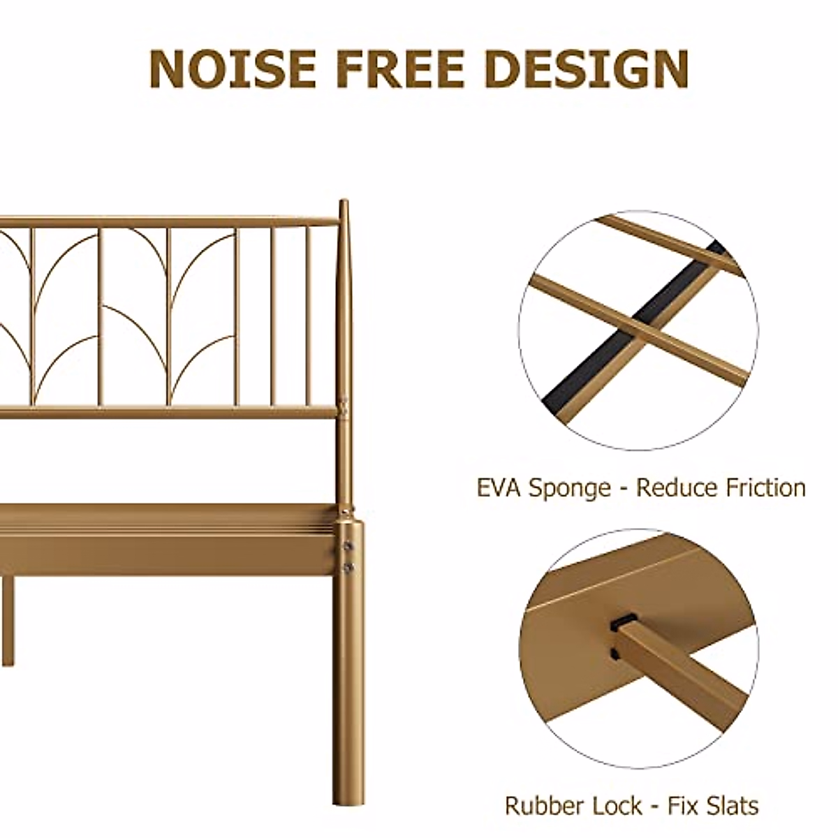 Senfot Bed Frame, Gold Metal Queen Size Platform Bed Frame with Headboard, Heavy Duty Metal Slat Support, Mattress Foundation, Noise Free Design, Easy Installation, Gold