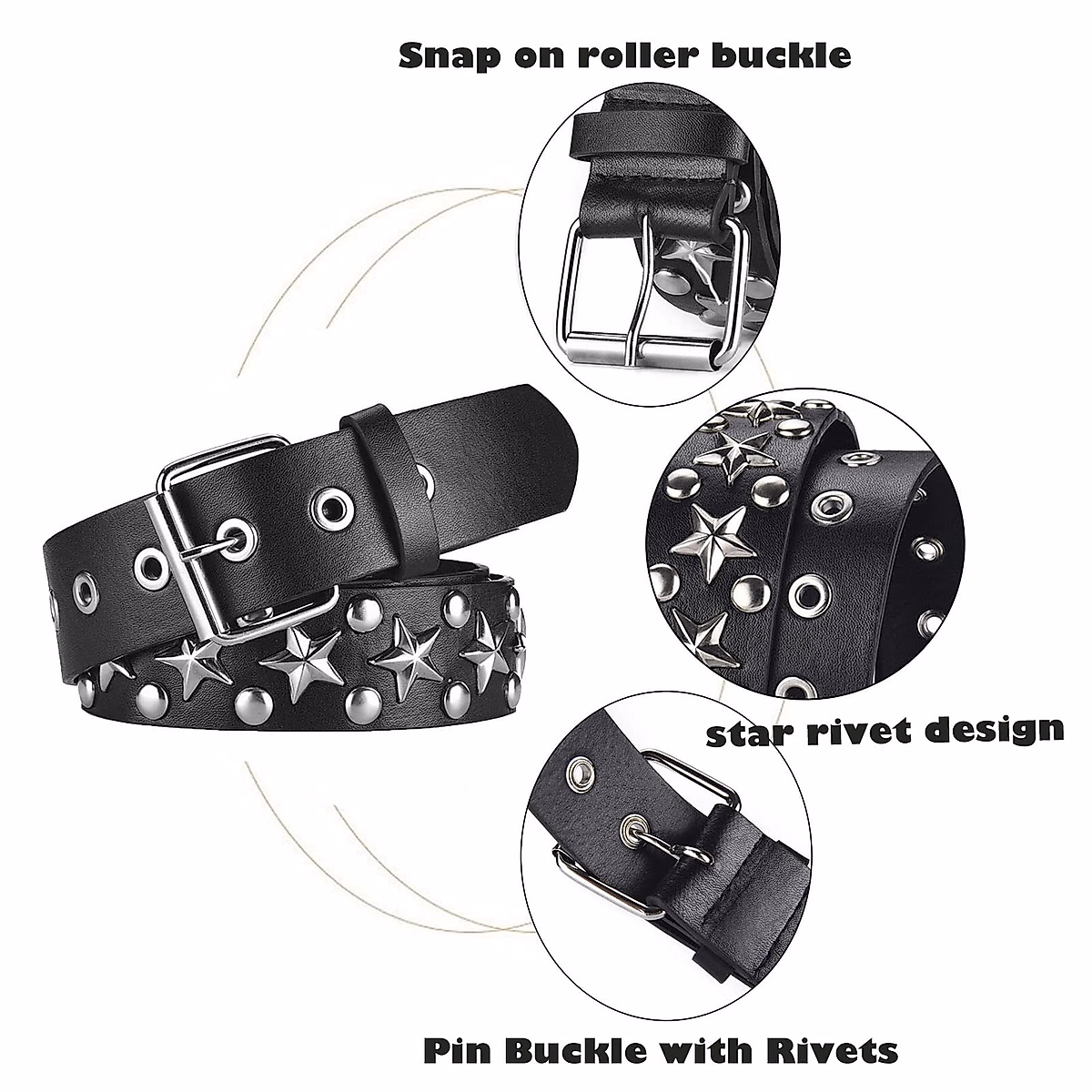 CWCYYDSYY Stars Studded Belts Y2K Punk Hip Hop Black Faux Leather Grommet for Halloween Cosplay for Women Men
