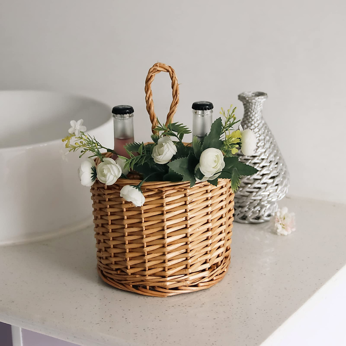 YRLSOTGE Wicker Utensil Caddy Flatware Organizer, Silverware Caddy with 4 Divided,Kitchen Countertop Utensil Holder,Dining Table,Parties - Holds Forks, Knives, Spoons,Serving Utensils Original